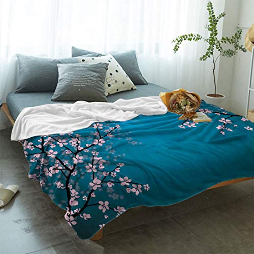 Heart Pain Soft Flannel Fleece Blanket Cherry Blossoms Breathable Throw Blanket Pink Blue Cozy Blanket for Couch Sofa Bed Living Room Suitable for All Season - 50x60 inch