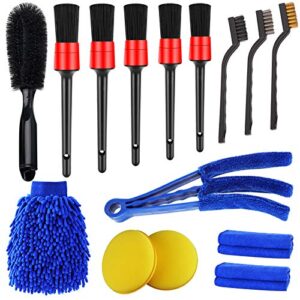 jaronx 15 pcs car detailing brush set, exterior interior car detail kit auto cleaning brush for wheels,leather(detail brushes, wheel brush, wash mitt,vent brush,wax applicator pads,towels,wire brushs)