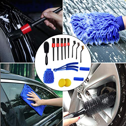 Jaronx 15 PCS Car Detailing Brush Set, Exterior Interior Car Detail Kit Auto Cleaning Brush for Wheels,Leather(Detail Brushes, Wheel Brush, Wash Mitt,Vent Brush,Wax Applicator Pads,Towels,Wire Brushs)