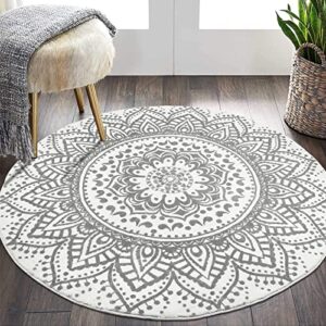 hebe 4 ft round area rug soft chic bohemian mandala rugs machine washable non slip indoor sofa floor area mat carpet for living room sofa bedroom nursery decor, grey