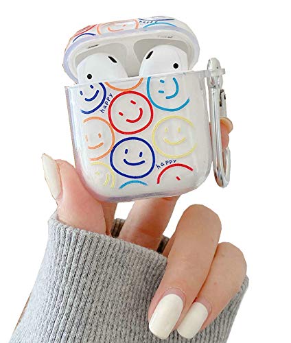 Airpods Case Cover,JANDM Cute Double Side Smiley Face Clear Soft Silicone Smooth Shockproof with Keychain Girls Kids Women airpods smiley face Case for Airpods 2 & 1 Charging Case Cover