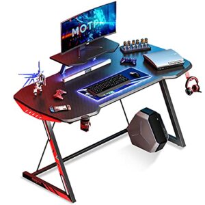 motpk 47 inch boys gaming desk z-shaped sturdy kids computer desk, gaming table workstation home office desk with monitor stand cup holder and headphone hook, gift for boys kids men, black