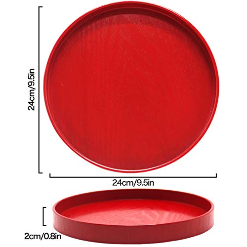 Round Solid Wood Serving Tray, Non-Slip Tea Coffee Snack Plate Food Meals Serving Tray with Raised Edges for Home Kitchen Restaurant(9.5inch,Red )