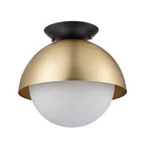 globe electric oswald 1-light flush mount, matte brass, matte black accent canopy, frosted glass shade