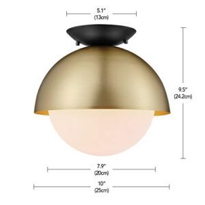 Globe Electric Oswald 1-Light Flush Mount, Matte Brass, Matte Black Accent Canopy, Frosted Glass Shade