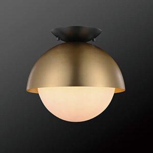 Globe Electric Oswald 1-Light Flush Mount, Matte Brass, Matte Black Accent Canopy, Frosted Glass Shade