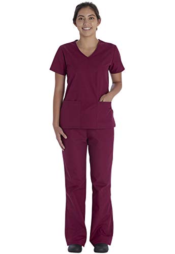 Vital Threads Womens Scrubs Set V-Neck Top & Drawstring Pant, VT513C, S, Wine