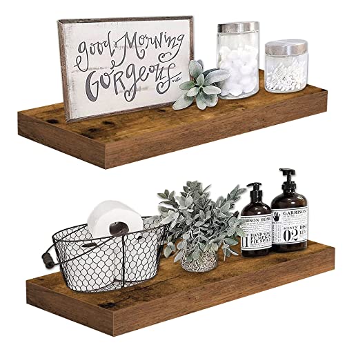 QEEIG Floating Shelves Wall Shelf 24 inches Long Farmhouse Bathroom Decor Bedroom Kitchen Living Room Wall Mounted 24 x 9 inch Set of 2, Rustic Brown (008-60BN)