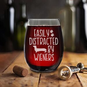 shop4ever® Easily Distracted By Engraved Stemless Wine Glass Funny Dachshund Weiner Dog Mom Gift