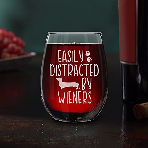 shop4ever® Easily Distracted By Engraved Stemless Wine Glass Funny Dachshund Weiner Dog Mom Gift