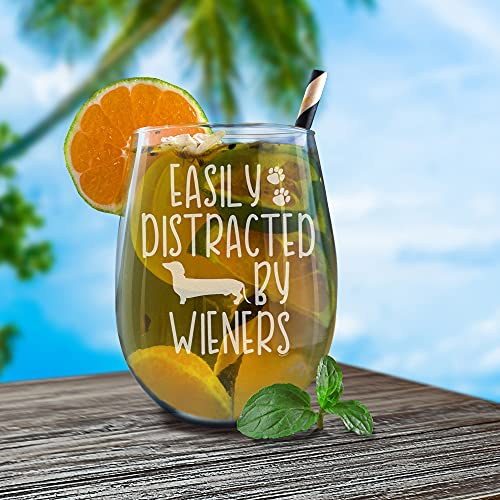 shop4ever® Easily Distracted By Engraved Stemless Wine Glass Funny Dachshund Weiner Dog Mom Gift