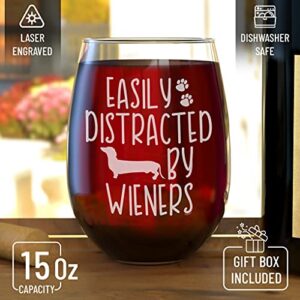 shop4ever® Easily Distracted By Engraved Stemless Wine Glass Funny Dachshund Weiner Dog Mom Gift