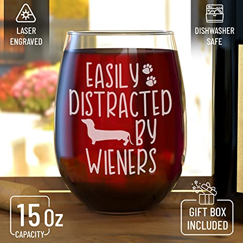 shop4ever® Easily Distracted By Engraved Stemless Wine Glass Funny Dachshund Weiner Dog Mom Gift