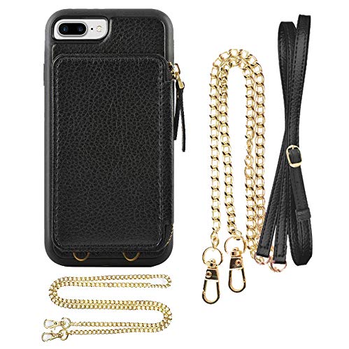 ZVE iPhone 7 Plus/8 Plus Wallet Case (Black)+ Black Replacement Chain Strap