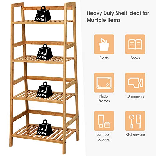 DORTALA 4-Tier Ladder Shelf, Rustic Bookcase w/Solid Bamboo Structure, Free Standing Storage Bookshelf for Living Room, Kitchen, Office, Multipurpose Plant Flower Stand, Natural