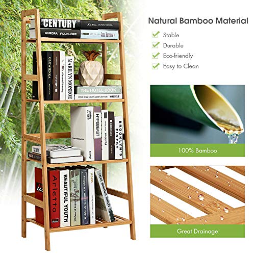 DORTALA 4-Tier Ladder Shelf, Rustic Bookcase w/Solid Bamboo Structure, Free Standing Storage Bookshelf for Living Room, Kitchen, Office, Multipurpose Plant Flower Stand, Natural