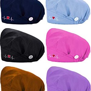 6 Pieces Bouffant Cap with Buttons Adjustable Elastic Head Wrap Covers with Sweatband for Women Men, One Size (Fresh Colors)