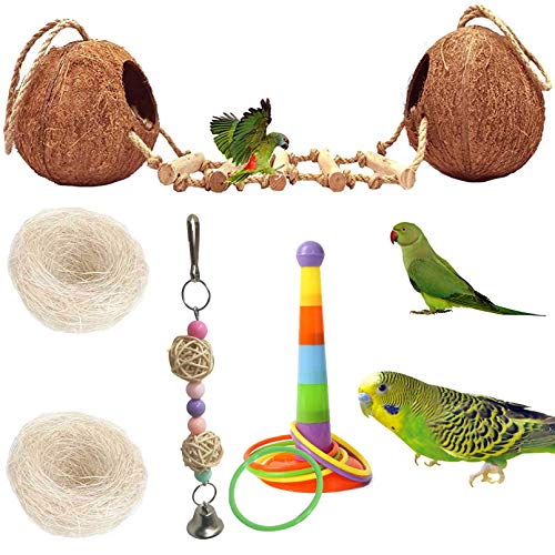 kathson Bird Hides Coconut Nest with Ladder Perches Hanging Parrot House Cage Natural Coconut Fiber Parakeet Chewing Toys Intelligence Training Rings for Small Budgies Cockatiels 5PCS