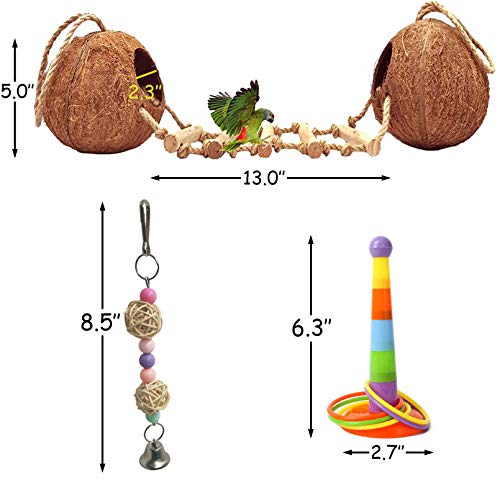 kathson Bird Hides Coconut Nest with Ladder Perches Hanging Parrot House Cage Natural Coconut Fiber Parakeet Chewing Toys Intelligence Training Rings for Small Budgies Cockatiels 5PCS