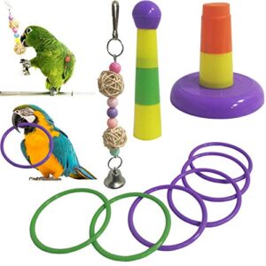 kathson Bird Hides Coconut Nest with Ladder Perches Hanging Parrot House Cage Natural Coconut Fiber Parakeet Chewing Toys Intelligence Training Rings for Small Budgies Cockatiels 5PCS