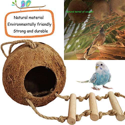 kathson Bird Hides Coconut Nest with Ladder Perches Hanging Parrot House Cage Natural Coconut Fiber Parakeet Chewing Toys Intelligence Training Rings for Small Budgies Cockatiels 5PCS