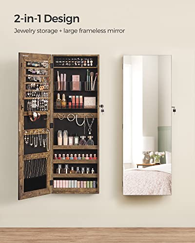 SONGMICS Jewelry Cabinet Armoire, Lockable Wall-Mounted Storage Organizer Unit with 2 Plastic Cosmetic Trays, Full-Length Frameless Mirror, Textured Brown UJJC001X01