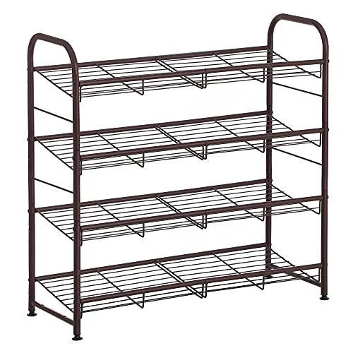 SONGMICS Stackable Shoe Rack, 4 Tier Metal Shoes Rack Storage Shelf, Holds up to 20 Pairs Shoes, Adjustable Slanted Shelves Shoe Tower Organizer for Closet Entryway Small Spaces, Bronze