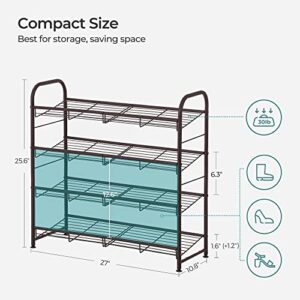 SONGMICS Stackable Shoe Rack, 4 Tier Metal Shoes Rack Storage Shelf, Holds up to 20 Pairs Shoes, Adjustable Slanted Shelves Shoe Tower Organizer for Closet Entryway Small Spaces, Bronze