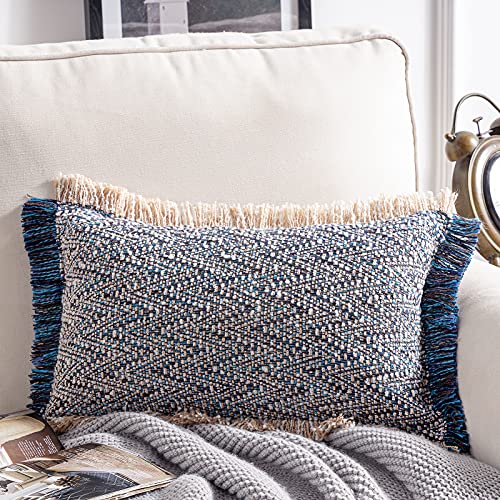 Phantoscope Decorative Boho Throw Pillow with Pillow Insert Included, Hand Woven Textured Pillow Cover with Fringe Trim, Modern Farmhouse Square Cushion Pillow, Dark Blue 12 x 20 Inches