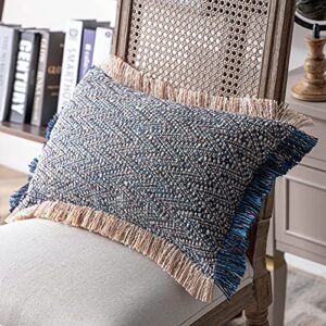 Phantoscope Decorative Boho Throw Pillow with Pillow Insert Included, Hand Woven Textured Pillow Cover with Fringe Trim, Modern Farmhouse Square Cushion Pillow, Dark Blue 12 x 20 Inches