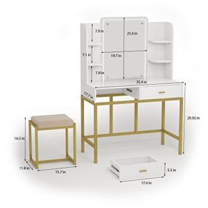 AOUSTHOP Vanity Set with Lighted Mirror, Makeup Vanity Dressing Table with LED Lights, Storage Shelves, Cushioned Stool & 2 Drawers, Dresser Desk for Bedroom, Gold-White