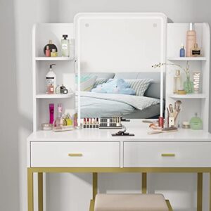 AOUSTHOP Vanity Set with Lighted Mirror, Makeup Vanity Dressing Table with LED Lights, Storage Shelves, Cushioned Stool & 2 Drawers, Dresser Desk for Bedroom, Gold-White