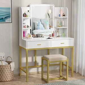 AOUSTHOP Vanity Set with Lighted Mirror, Makeup Vanity Dressing Table with LED Lights, Storage Shelves, Cushioned Stool & 2 Drawers, Dresser Desk for Bedroom, Gold-White