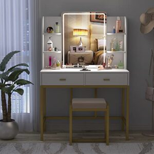 AOUSTHOP Vanity Set with Lighted Mirror, Makeup Vanity Dressing Table with LED Lights, Storage Shelves, Cushioned Stool & 2 Drawers, Dresser Desk for Bedroom, Gold-White