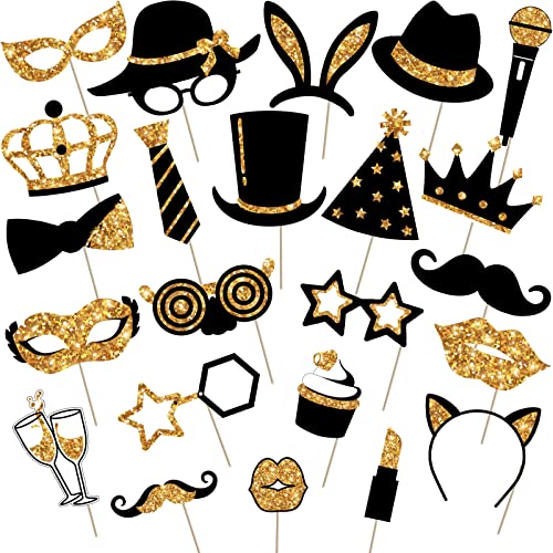 24 Pieces Party Photo Booth Props for Birthday Weddings Graduation Prom New Year Party Supplies Mix of Hats, Lipstick, Tie, Crowns (Golden)