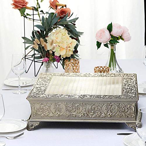 Efavormart 18” Gold Square Embossed Metal Cake Plateau Stand Riser Wedding Birthday Party Dessert Cake Pedestal Display Plate