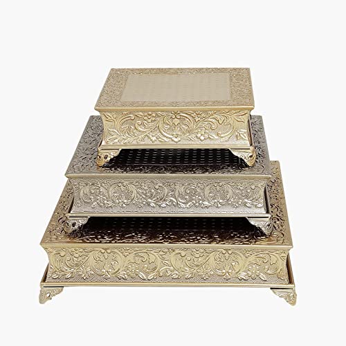 Efavormart 18” Gold Square Embossed Metal Cake Plateau Stand Riser Wedding Birthday Party Dessert Cake Pedestal Display Plate