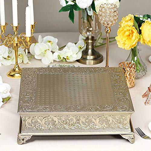 Efavormart 18” Gold Square Embossed Metal Cake Plateau Stand Riser Wedding Birthday Party Dessert Cake Pedestal Display Plate