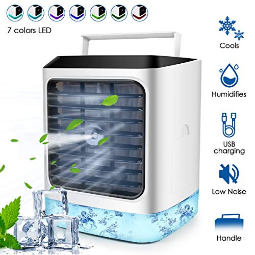 Personal Air Cooler, Upgraded 4 in 1 Portable Evaporative Conditioner with 7 LED Light/Purifier/Humidifier/ 3 Modes Desktop Fan, Mini USB Simply Modern Quiet Air Conditioner Fan for Office, Home Use