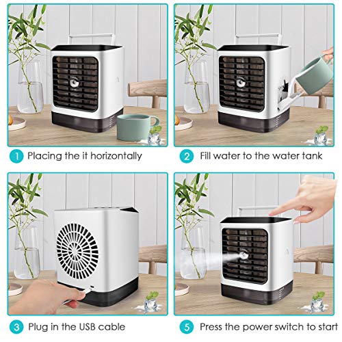 Personal Air Cooler, Upgraded 4 in 1 Portable Evaporative Conditioner with 7 LED Light/Purifier/Humidifier/ 3 Modes Desktop Fan, Mini USB Simply Modern Quiet Air Conditioner Fan for Office, Home Use