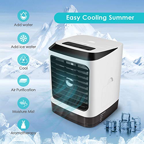 Personal Air Cooler, Upgraded 4 in 1 Portable Evaporative Conditioner with 7 LED Light/Purifier/Humidifier/ 3 Modes Desktop Fan, Mini USB Simply Modern Quiet Air Conditioner Fan for Office, Home Use