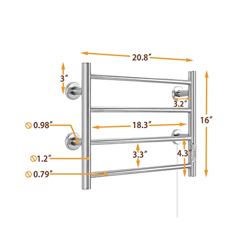 Towel Warmer 4 Bars Wall Mounted Heated Towel Racks for Bathroom Plug-in/Hardwired, Stainless Steel Hot Towel Rack with Timer Brushed Silver…