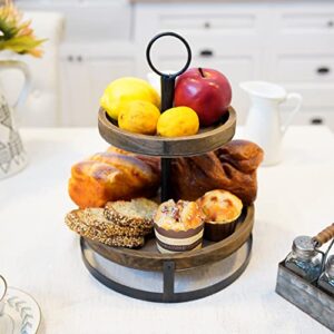 SOFFEE DESIGN 2 Tiered Serving Tray, Wood Cake Stand with Metal Handle, Rustic Farmhouse Easter Tiered Serving Tray, Tabletop Display Food Fruits Afternoon Tea Cupcake Organizer for Home Office