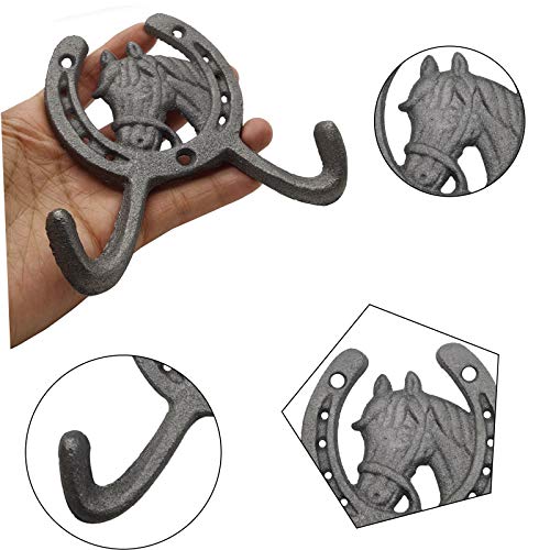 ROYHOO 2PCS Cast Iron Horse Head Horseshoe Double Key Coat Hooks Wall Hanger Clothes Rack