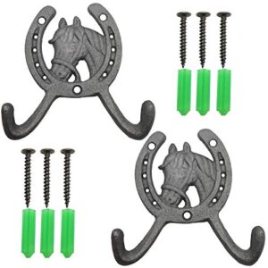 royhoo 2pcs cast iron horse head horseshoe double key coat hooks wall hanger clothes rack