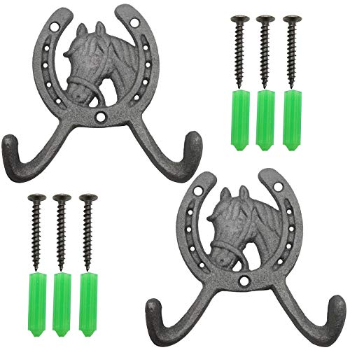 ROYHOO 2PCS Cast Iron Horse Head Horseshoe Double Key Coat Hooks Wall Hanger Clothes Rack