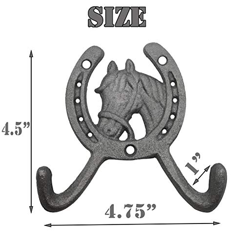 ROYHOO 2PCS Cast Iron Horse Head Horseshoe Double Key Coat Hooks Wall Hanger Clothes Rack