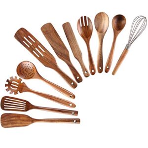 kitchen utensils set, nayahose 11 pcs teak wood cooking utensils spoons spatulas spurtles kit non-stick natural kitchen tools for cooking