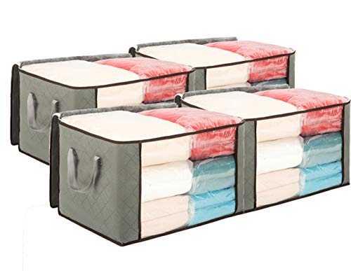 Large Capacity Clothes Storage Bags, Closet Organizer Clothes Storage Bags Organizer with Reinforced Handle,Thick Fabric for Comforters,Blankets, Bedding, Foldable with Sturdy Zipper(4-pack)