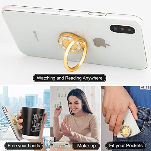 Nsiucion Cell Phone Ring Holder Stand, Glitter Finger Kickstand, 360 Degree Rotation Metal Ring Grip Holder for Magnetic Car Mount Compatible with All Smartphone (Gold)